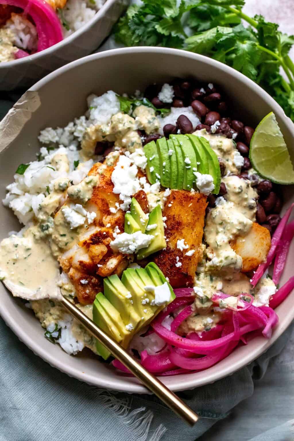 Fish Taco Bowls {With Jalapeño Crema} - Sailor Bailey
